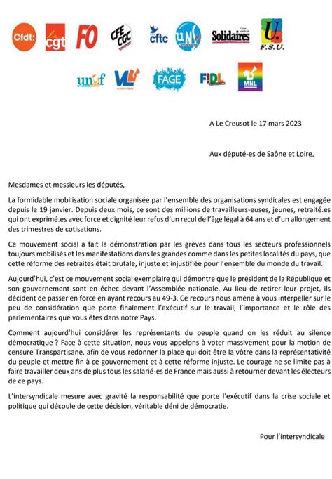 La lettre intersyndicale aux députés de Saône et Loire Union