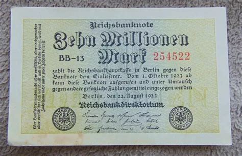 GELDSCHEINE BANKNOTEN EINE Reichsbanknote Zehn Millionen Mark 1923