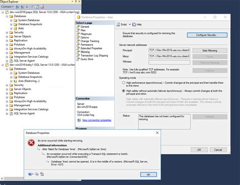 Trouble Setting Up Mirroring On SQL Server 2016 Database