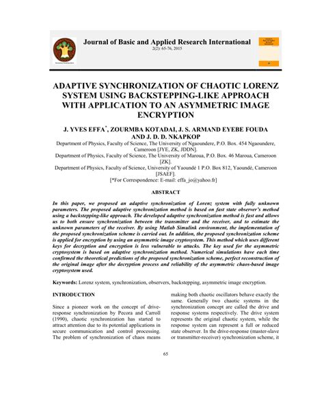 pdf adaptive synchronization of chaotic lorenz system using backstepping like approach with