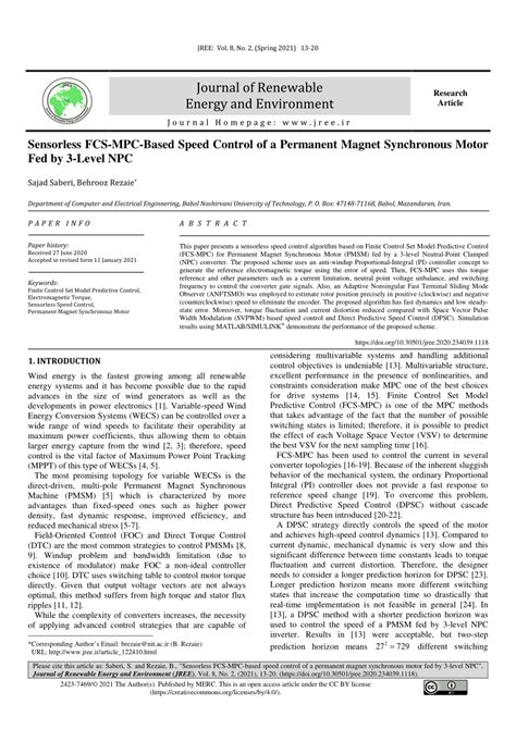 pdf sensorless fcs mpc based speed control of a permanent magnet synchronous motor fed by 3