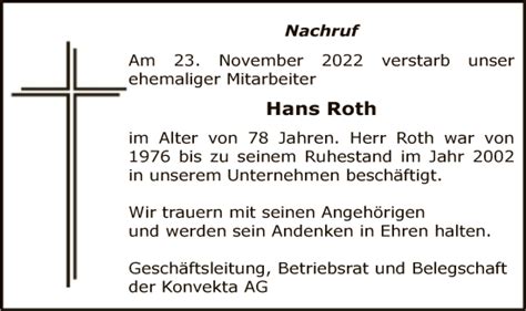 Traueranzeigen Von Hans Roth Trauer HNA De