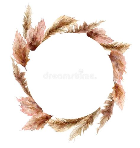 Watercolor Tropical Bouquet With Dry Pampas Grass And Gold Frame Hand
