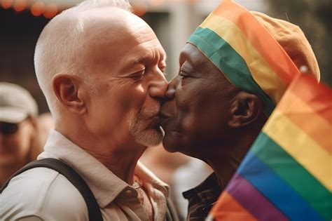 Casal gay se beijando na frente de uma bandeira de arco íris generative