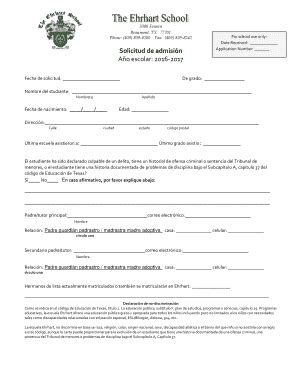 Fillable Online Ehrhartschool Solicitud De Admisi N A O Escolar 2016