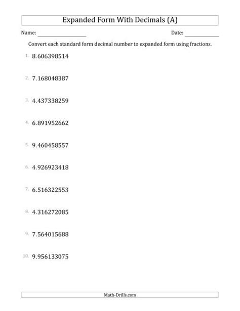 converting standard form decimals to expanded form using fractions 1 digit before the decimal