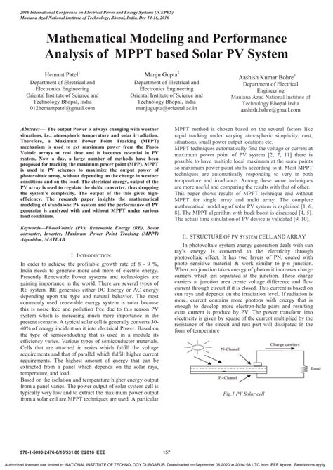 pdf mathematical modeling and performance analysis of mppt based solar pv system