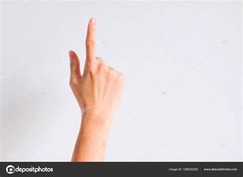 Woman Hand Pointing Up With Index Finger Or Touching Screen Back Stock