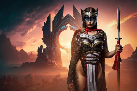 Warlike Viking Woman With Spear Against Fantasy Gates Stock Image