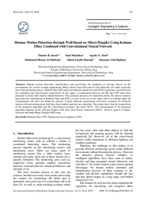 pdf human motion detection through wall based on micro doppler using kalman filter combined