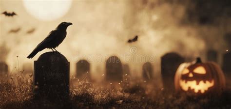 Spooky Halloween Night At A Misty Graveyard With Glowing Jack O