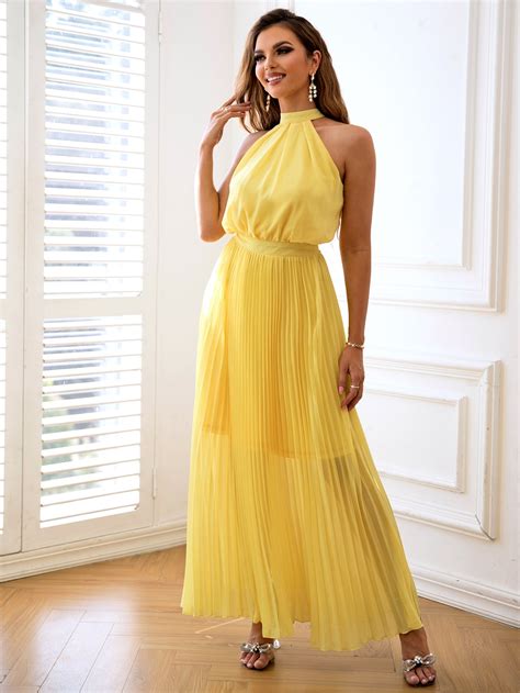 Joyfunear Robe ras du cou unicolore dos nu à nœud plissé Mode en