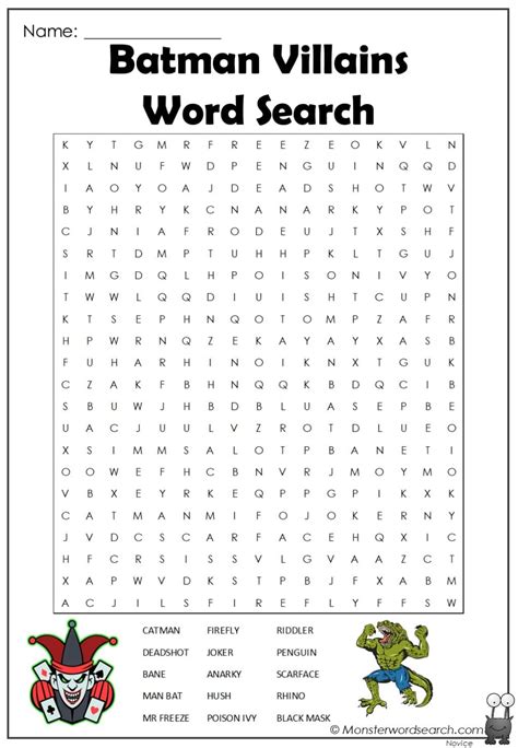 Batman Villains Word Search Monster Word Search