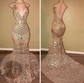 Rose Gold Striped Sequin V Neck Mermaid Prom Dress Promfy