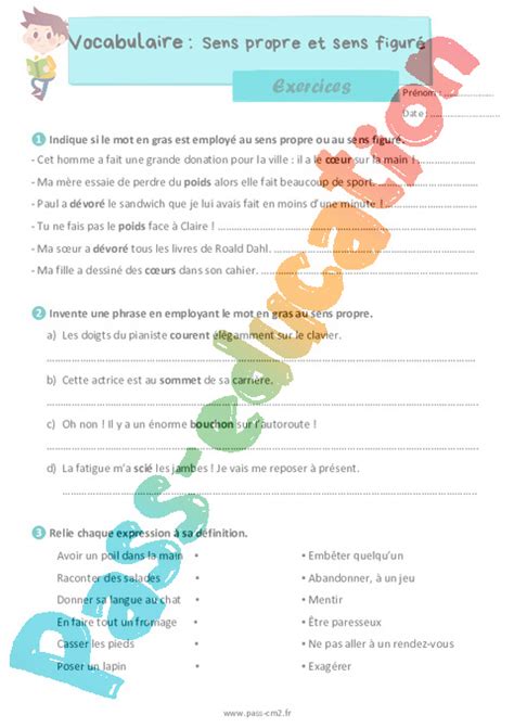 Sens propre sens figuré Exercices de vocabulaire pour le cm2 PDF à