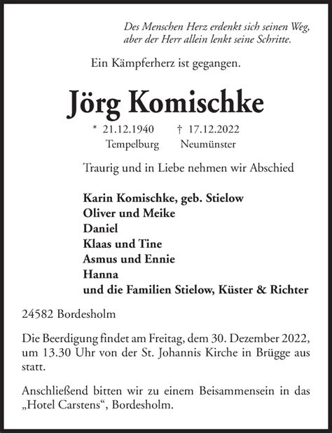 Traueranzeigen von Jörg Komischke trauer anzeigen de