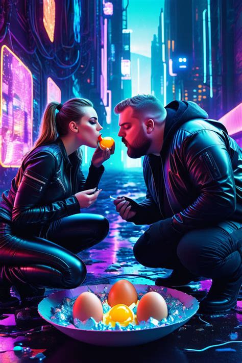 A Futuristic Girl Licking A Spilled Egg On The Stomach Of An By