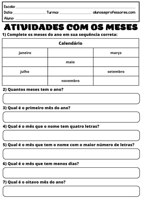 Atividades Sobre Os Meses Do Ano Para Imprimir Alunos E Professores