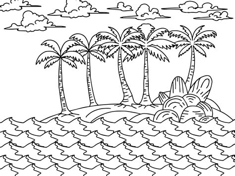 Print Design Beach Landscape Outline For Coloring Page Or Element