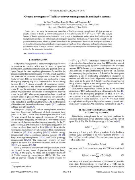 pdf general monogamy of tsallis q entropy entanglement in multiqubit systems