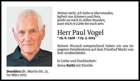 Todesanzeigen Von Paul Vogel Todesanzeigen Vorarlberger Nachrichten