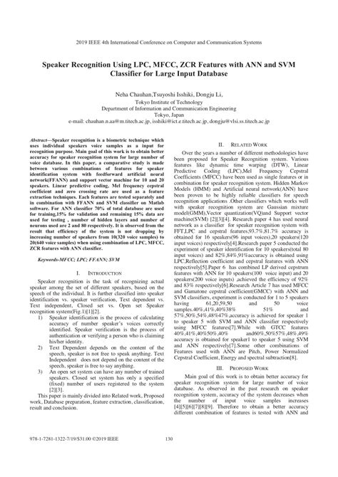 pdf speaker recognition using lpc mfcc zcr features with ann and svm classifier for large