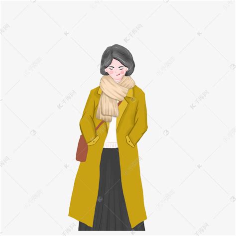 简约手绘穿大衣的女孩插画海报免抠元素素材图片免费下载 千库网