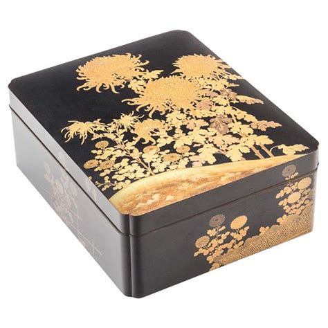 Japanese Black Lacquer Large Document Box With Gold Maki E Design