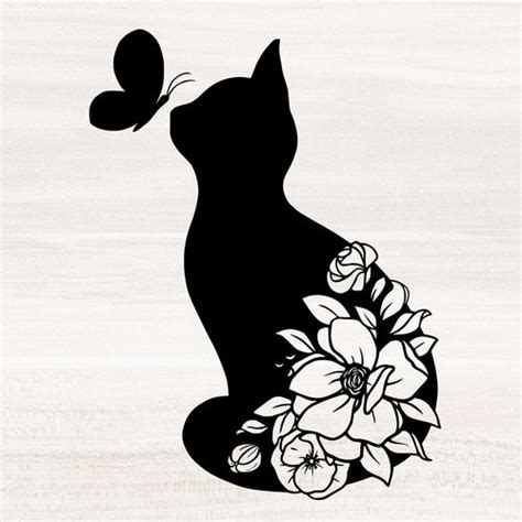 Cat With Flowers SVG Floral Cat Svg Cat Black Silhouette Etsy