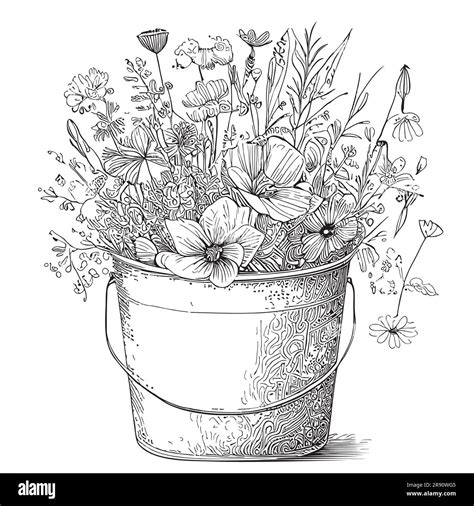 Wildflowers In A Bucket Sketch Hand Drawn In Doodle Style Illustration