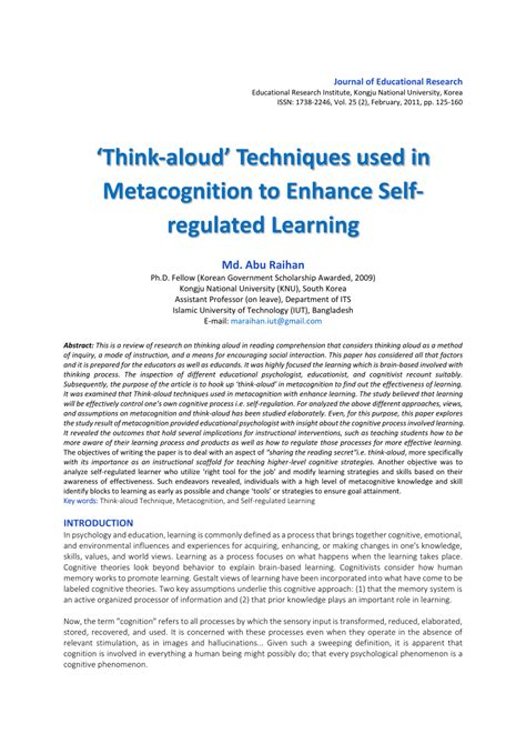 pdf think aloud techniques used in metacognition to enhance self regulated learning