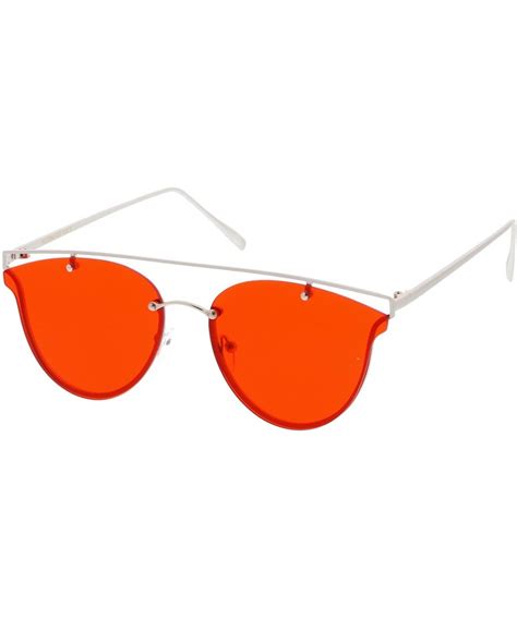 Modern Crossbar Horn Rimmed Round Flat Lens Rimless Sunglasses 52mm