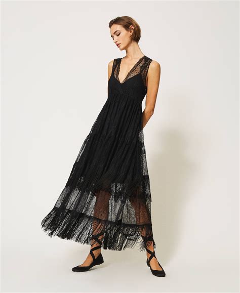 Vestido Largo De Tul Con Encaje Y Flecos Mujer Negro TWINSET Milano