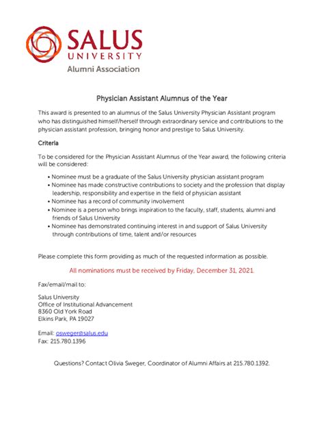 Fillable Online Physician Assistant Alumnus Of The Year Award Fax Email