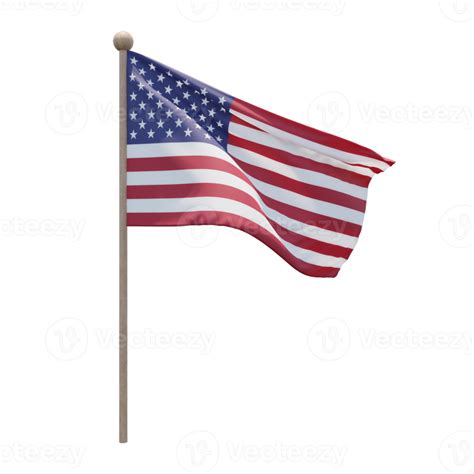 United States 3d Illustration Flag On Pole Wood Flagpole 11228601 PNG