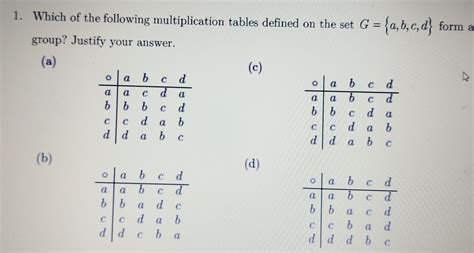 solved 1 which of the following multiplication tables defined on the set g a b c d form a