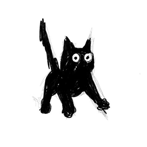 A Drawing Of A Black Cat With Big Eyes On It S Face And Tail