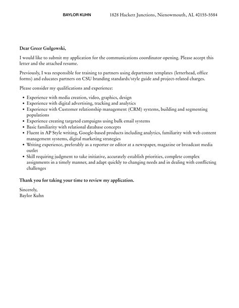 Communications Coordinator Cover Letter Velvet Jobs