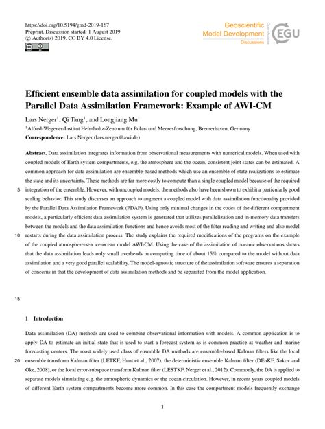pdf efficient ensemble data assimilation for coupled models with the parallel data