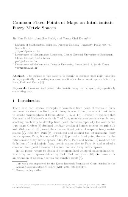 pdf common fixed points of maps on intuitionistic fuzzy metric spaces jin han park