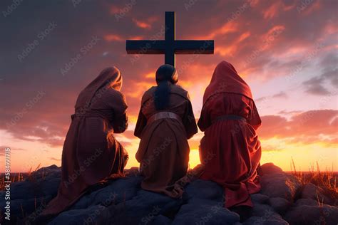 Illustrazione Stock Rear View Of Three Women In Robes Kneeling And