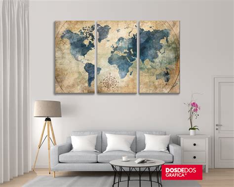 Cuadro Decorativo Tríptico Vintage Mapa Mundi The One