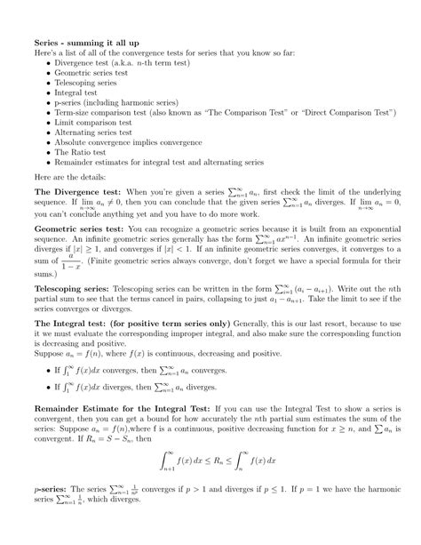 Series Summing It All Up Heres A List Of All Of The Convergence