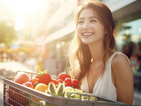 Premium Ai Image Asian Woman Buying Fruit And Vegetables In Market