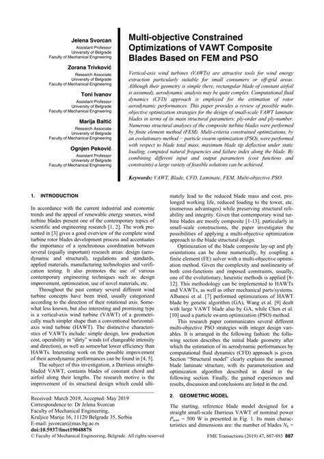 pdf multi objective constrained optimizations of vawt composite blades based on fem and pso
