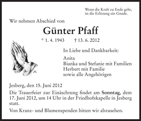 Traueranzeigen Von G Nter Pfaff Trauer Hna De