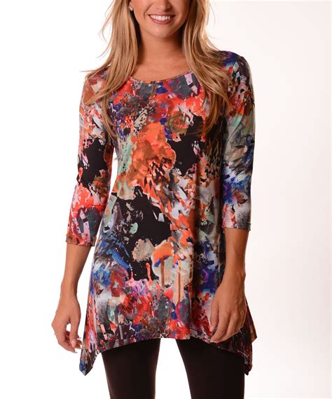 Pink Black Abstract Three Quarter Sleeve Sidetail Tunic Plus