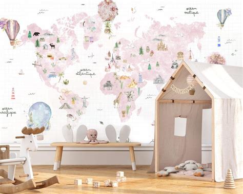 Papier Peint Carte Du Monde Rose Chambre Fille Babywall