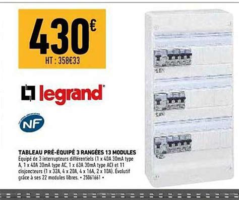 Promo Tableau Pré équipé 3 Rangées 13 Modules Legrand chez Brico Cash