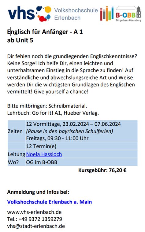 VHS Englischkurs für Anfänger innen ab 23 02 24 jetzt anmelden
